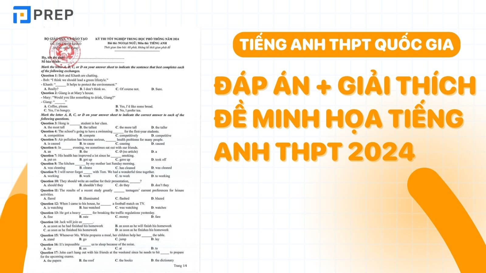 Đề minh họa tiếng Anh THPT 2024 + Đáp án + Giải thích